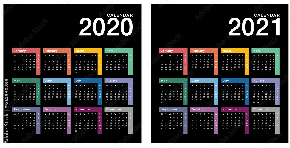 Year 2020 and Year 2021 calendar horizontal vector design template ...