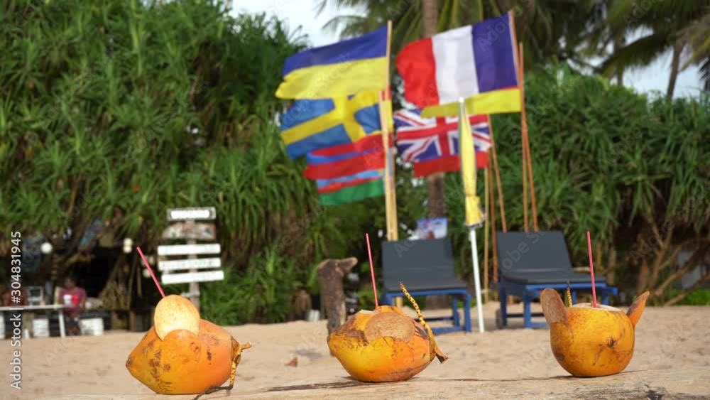 Golden coconuts on the beach on a background of flags of different ...