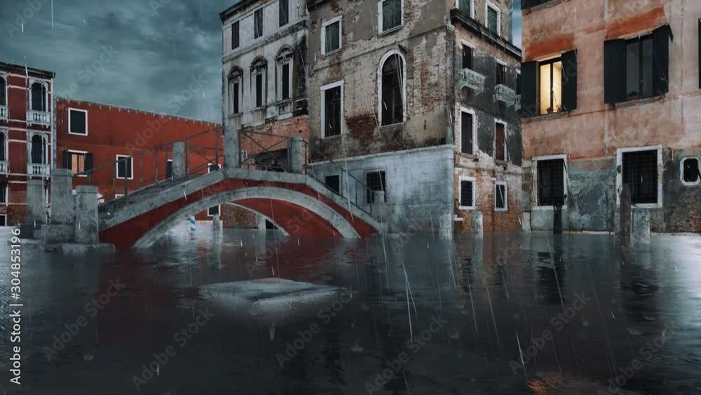Empty venetian street with flooded sidewalks, ancient buildings and ...
