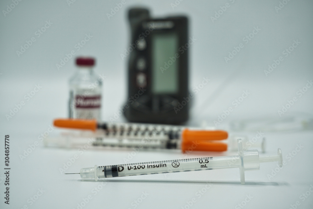 insulin bottle, disposable syringes, pump, blood glucose monitoring for ...