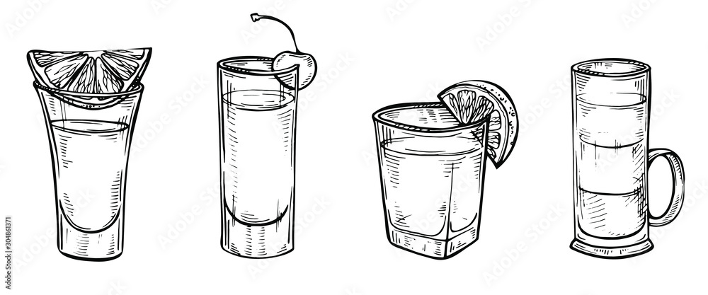 Hand drawn sketch set of alcoholic cocktails. Glass of tequila, vodka ...