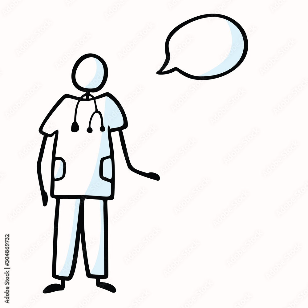 Hand Drawn Stick Figure Doctor or Nurse & Speech Bubble, Stethoscope ...