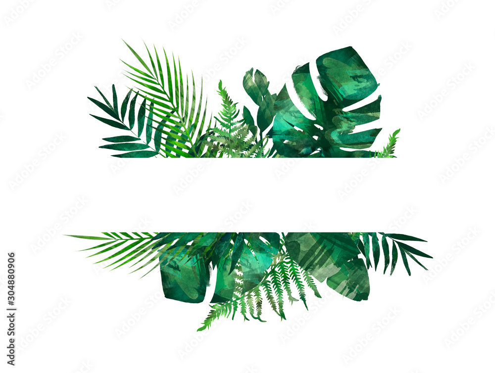 Tropical leaves frame. Circle frame. Watercolor illustration on white ...