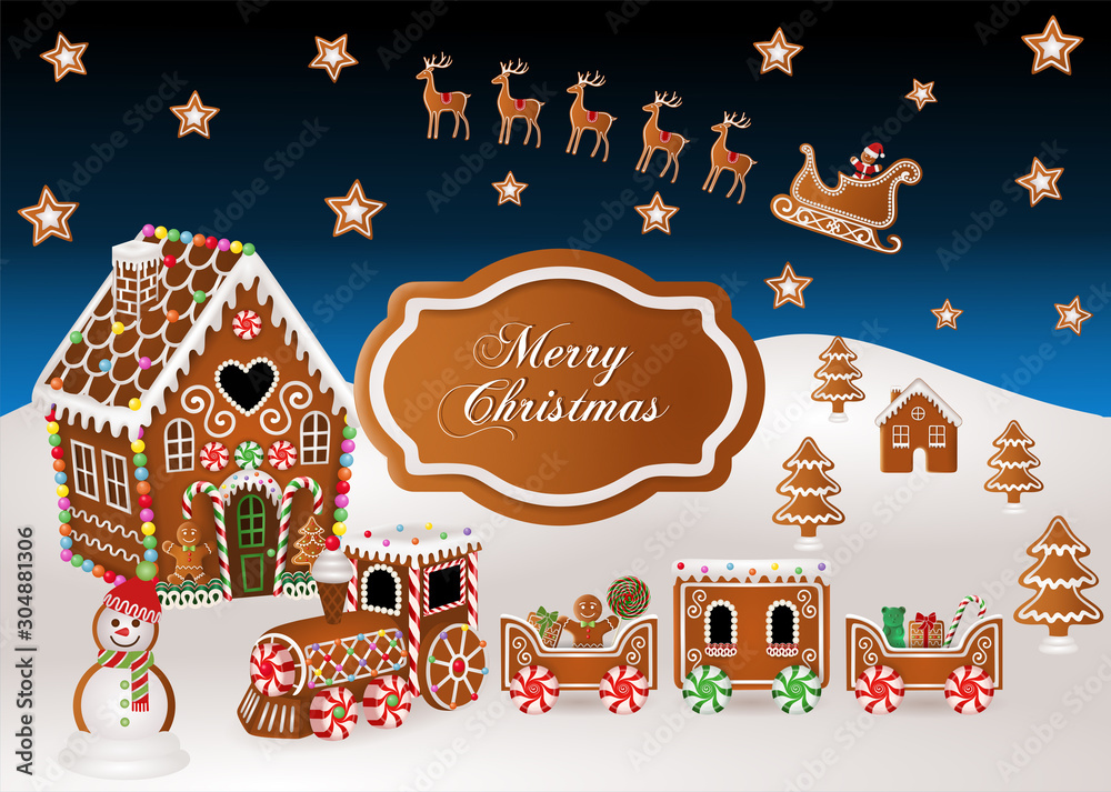 christmas background with gingerbread house, gingerbread train ...