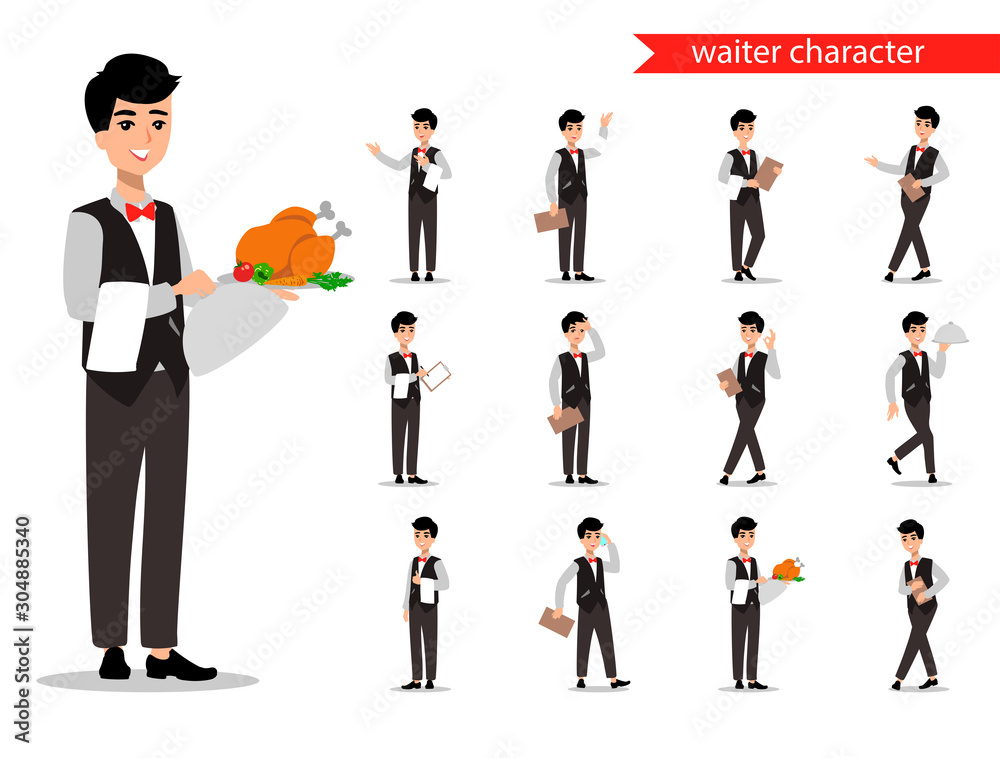 waiter wearing the uniform holding a dish of chicken cartoon character ...