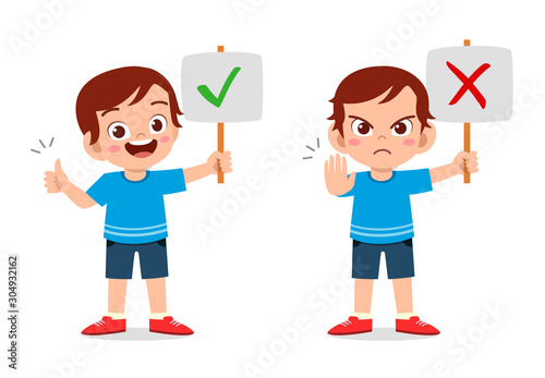 happy cute kid boy with correct and wrong sign Stock Vector | Adobe Stock