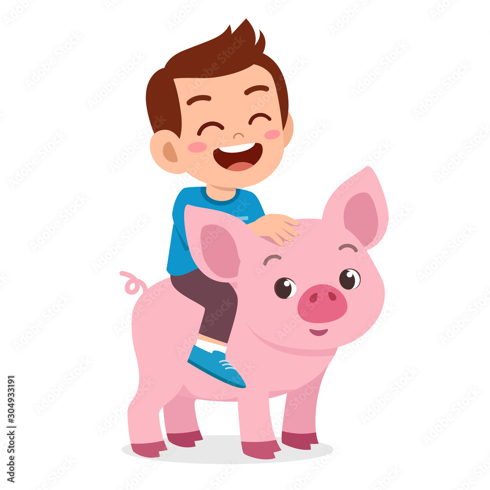 happy cute kid boy riding cute pig Stock Vector | Adobe Stock