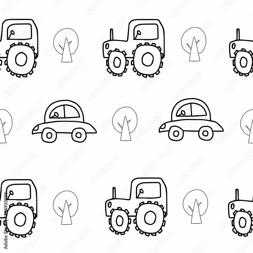 Children's transport vector seamless pattern black line with cars ...