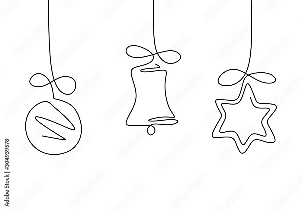 Continuous one line drawing of christmas symbols border with balls ...