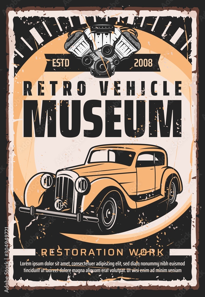 Vintage old cars museum and rarity vehicle motors show retro poster ...