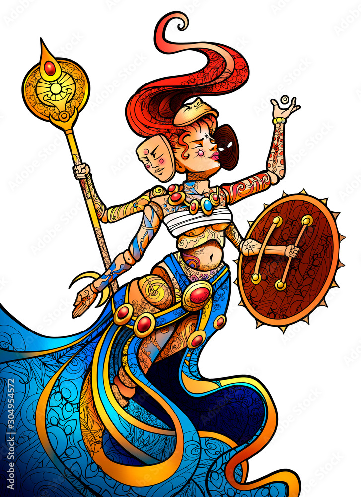 An Indian female deity with four arms, a doll body, a spear and a ...