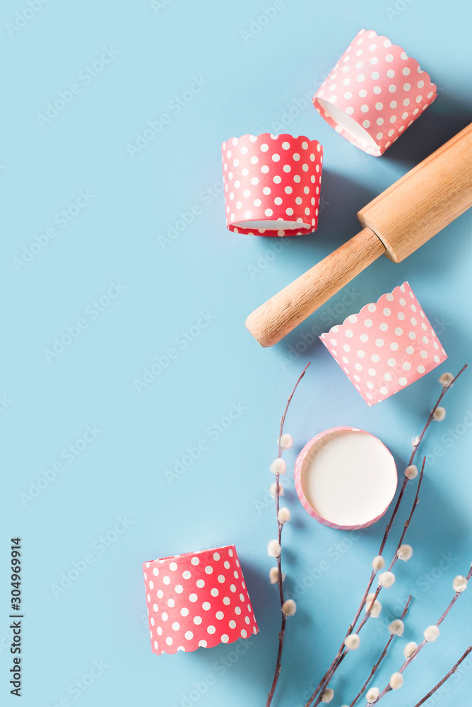 Baking and spring background with pink cake forms and branch Stock ...