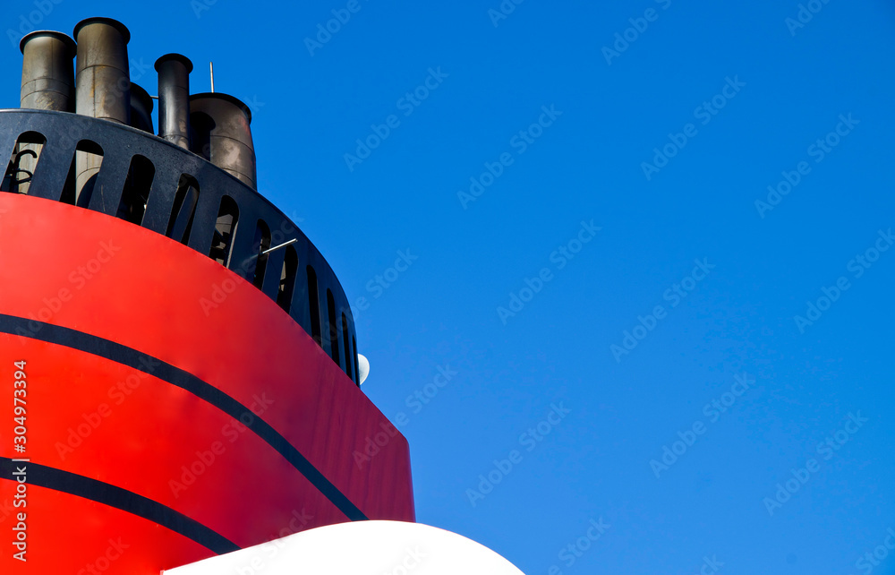 Red and black funnel of classic ocean liner cruise ship Cunard Queen ...