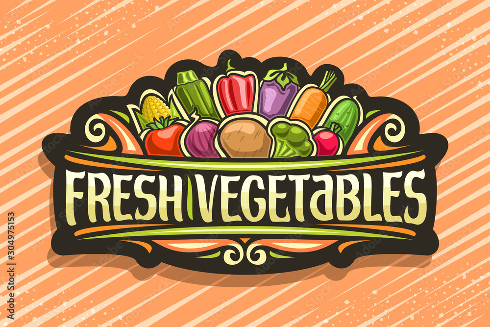 Vector logo for Fresh Vegetables, black sticker with illustration of ...