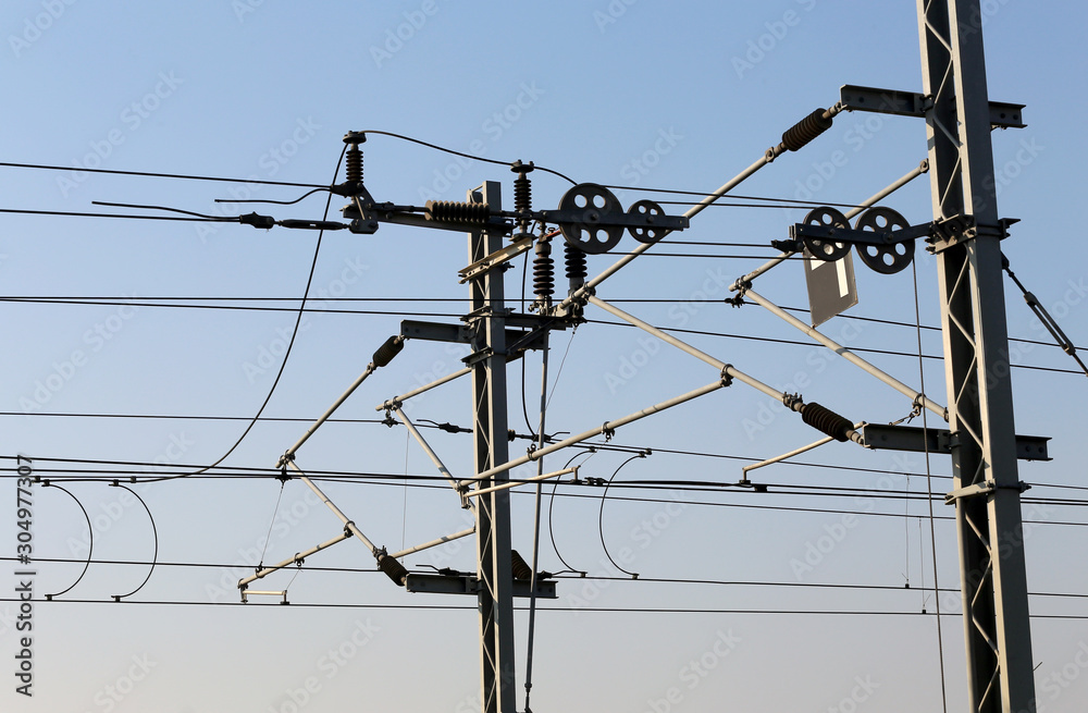 Pantographs and the overhead wires on the train station Stock Photo ...