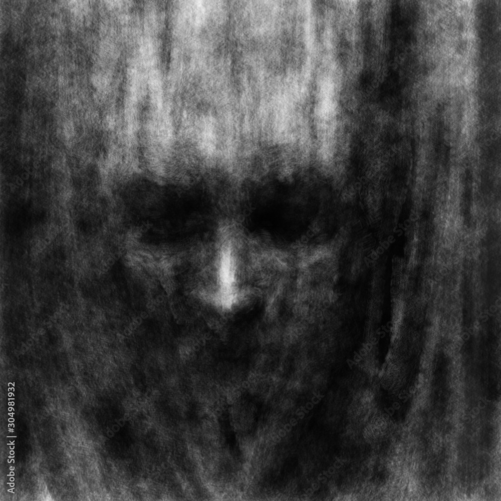 Darkly human face with black eyes. Illustration in horror genre with ...