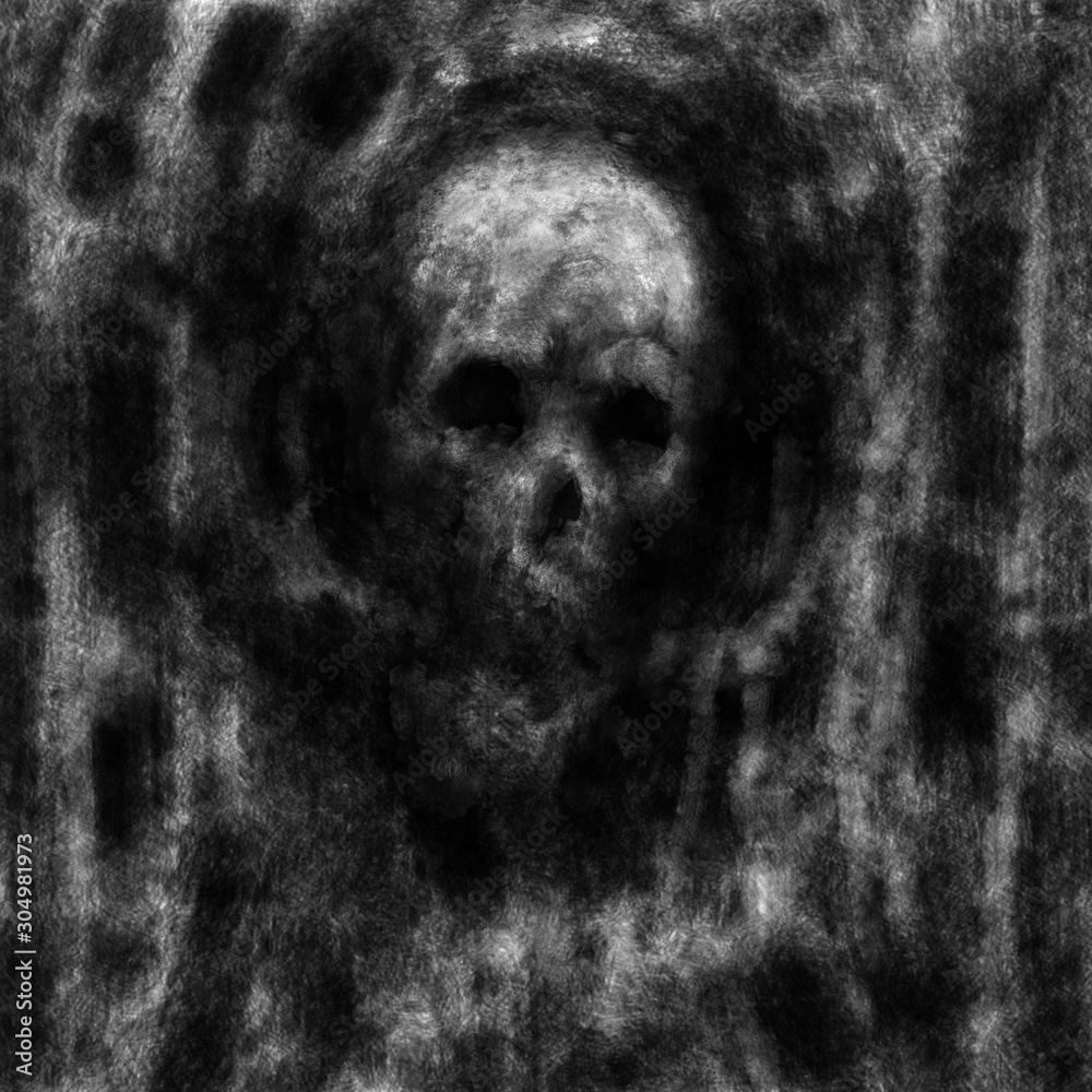 Darkly human skull with black eyes. Illustration in horror genre with ...
