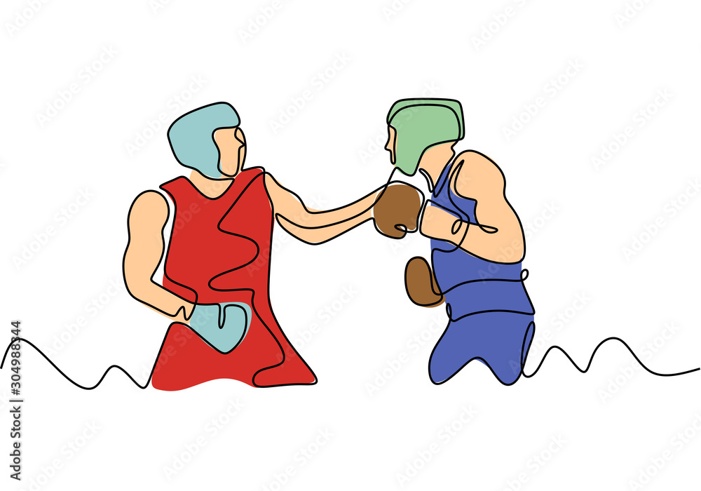 Continuous line drawing of boxing game sport. Two persons on fight and ...