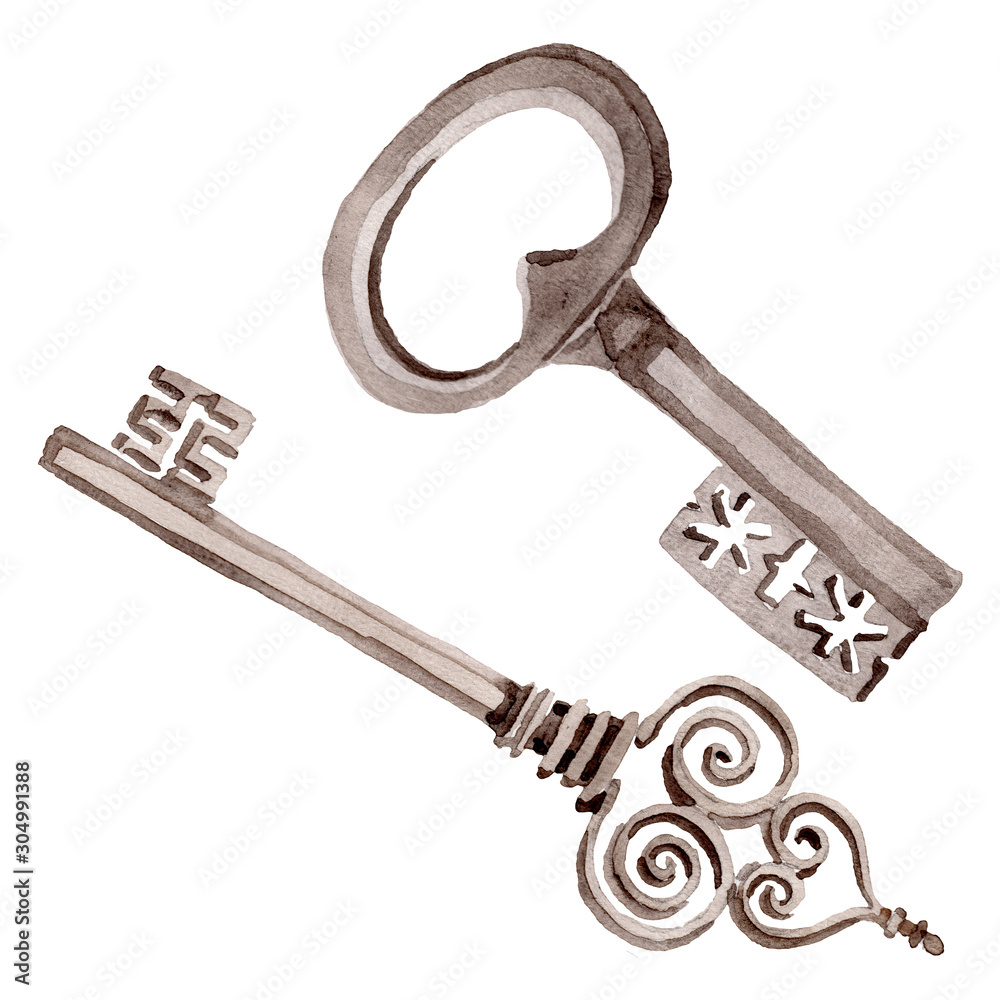 Isolated old key illustration element. Watercolor background ...