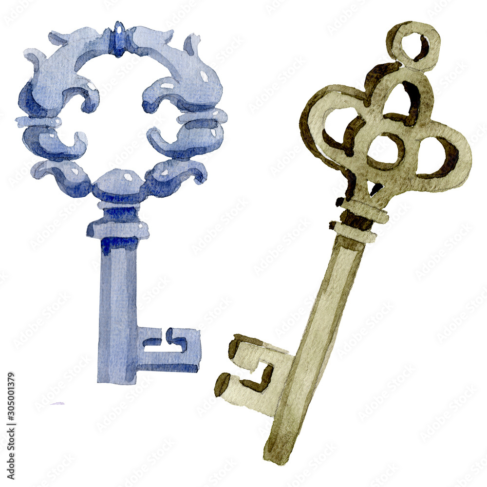 Isolated old key illustration element. Watercolor background ...