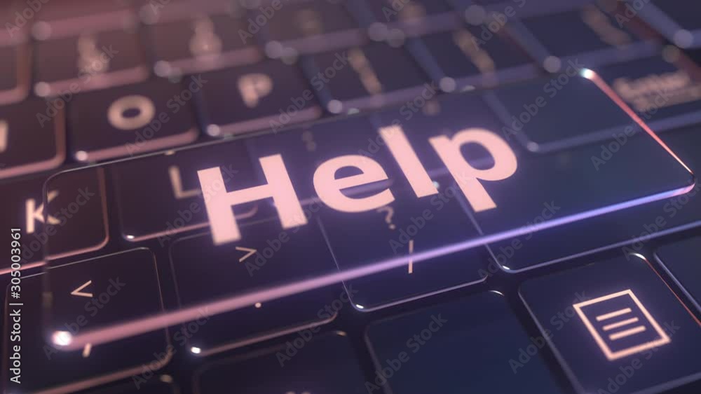 Futuristic computer keyboard and transparent help key. Conceptual 3D ...