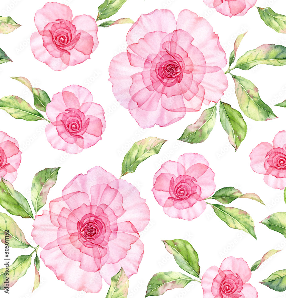 Transparent watercolor rose. Seamless floral pattern. Isolated hand ...