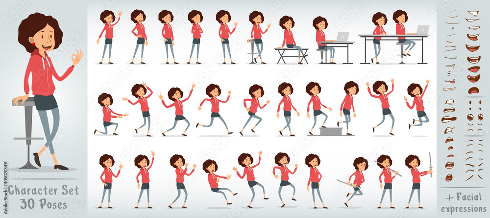 Cartoon flat cute funny hipster girl character in red hoodie. 30 ...