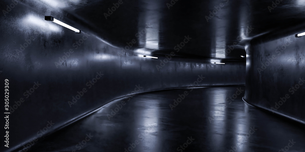 Underground concrete utility tunnel with low key blue lighting ...
