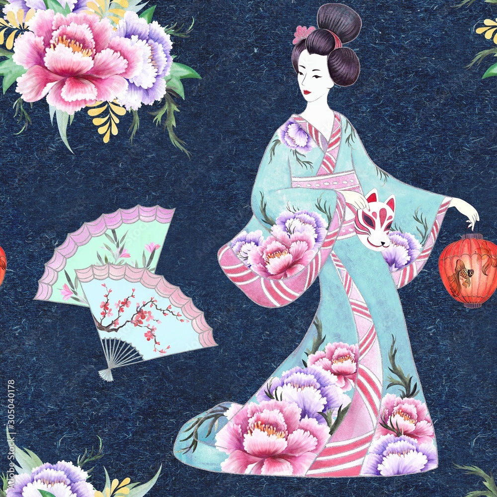 Japan geisha watercolor seamless pattern Stock Illustration | Adobe Stock