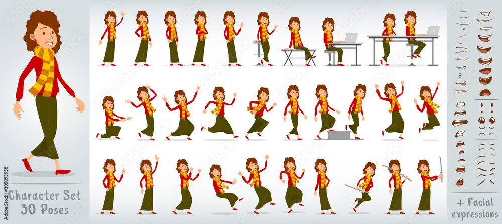 Cartoon flat cute funny girl character in warm winter scarf. 30 ...