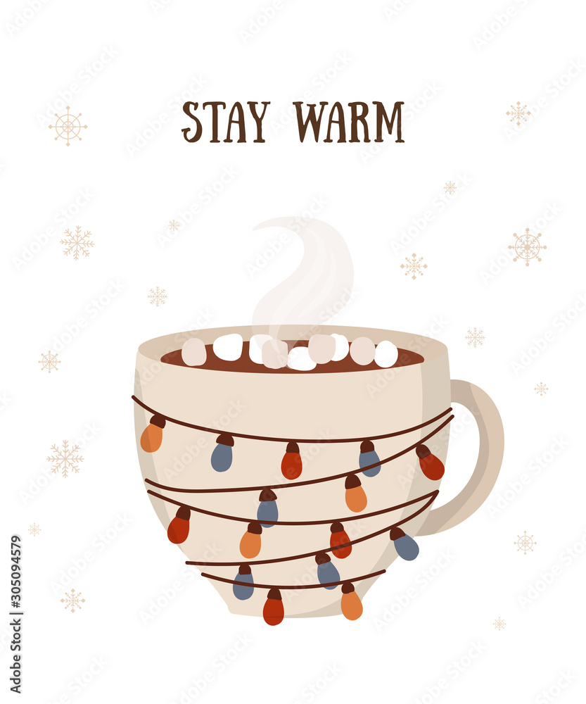 Vector postcard with hot drink in a cute mug and cozy slogan in flat ...