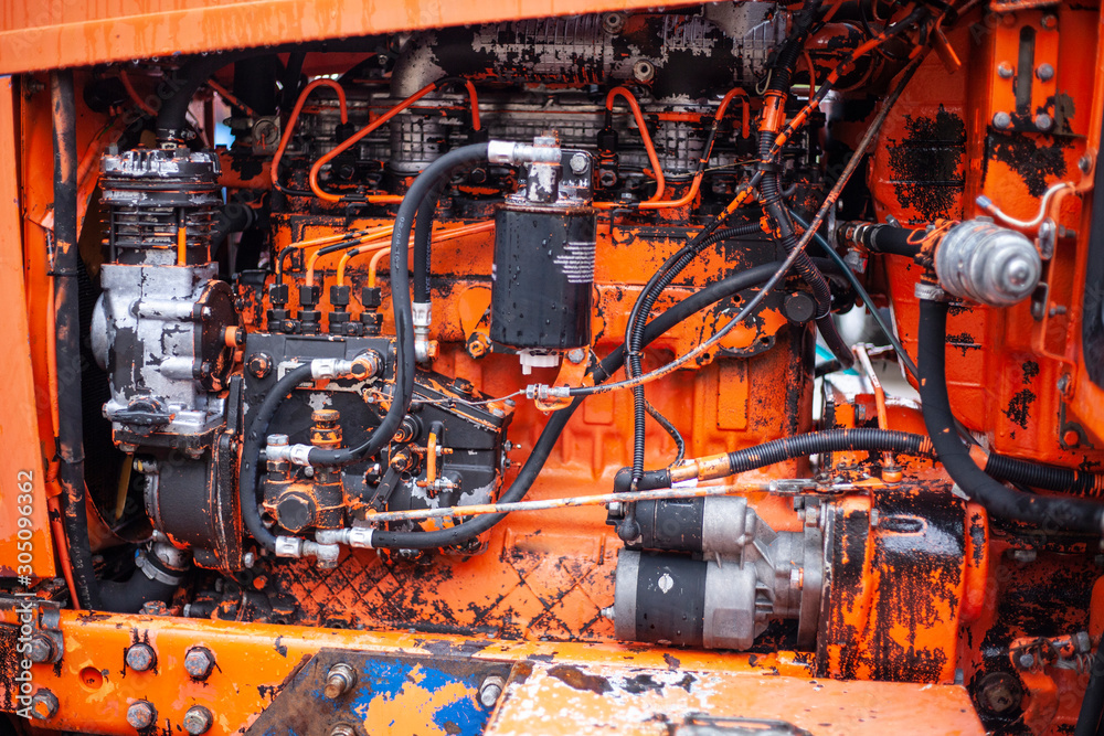 Tractor engine. The device of a diesel engine of heavy equipment. Stock ...