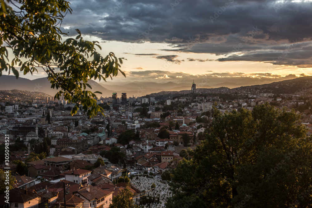 Arial view of a city from a hill during sunset, Sarajevo Bosnia and ...