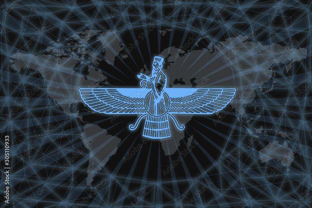 Symbol of Zoroastrianism with modern design. With a dark background and ...