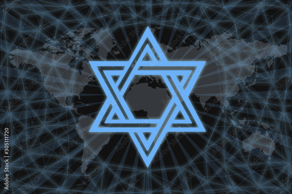 Symbol Israeli Star of David with modern design. With a dark background and a world map. Graphic ...