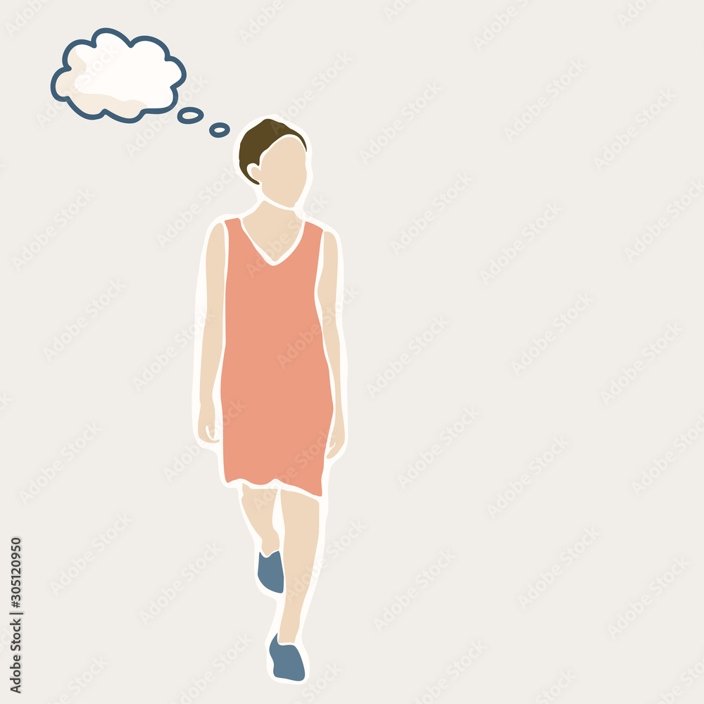 Female Woman in Summer Dress Walking and Thinking. Concept of Pondering ...