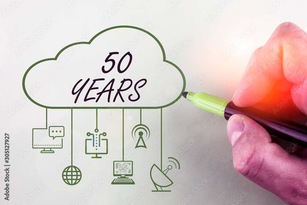 Conceptual hand writing showing 50 Years. Concept meaning Honoring Ruby Jubilee Commemorating a ...