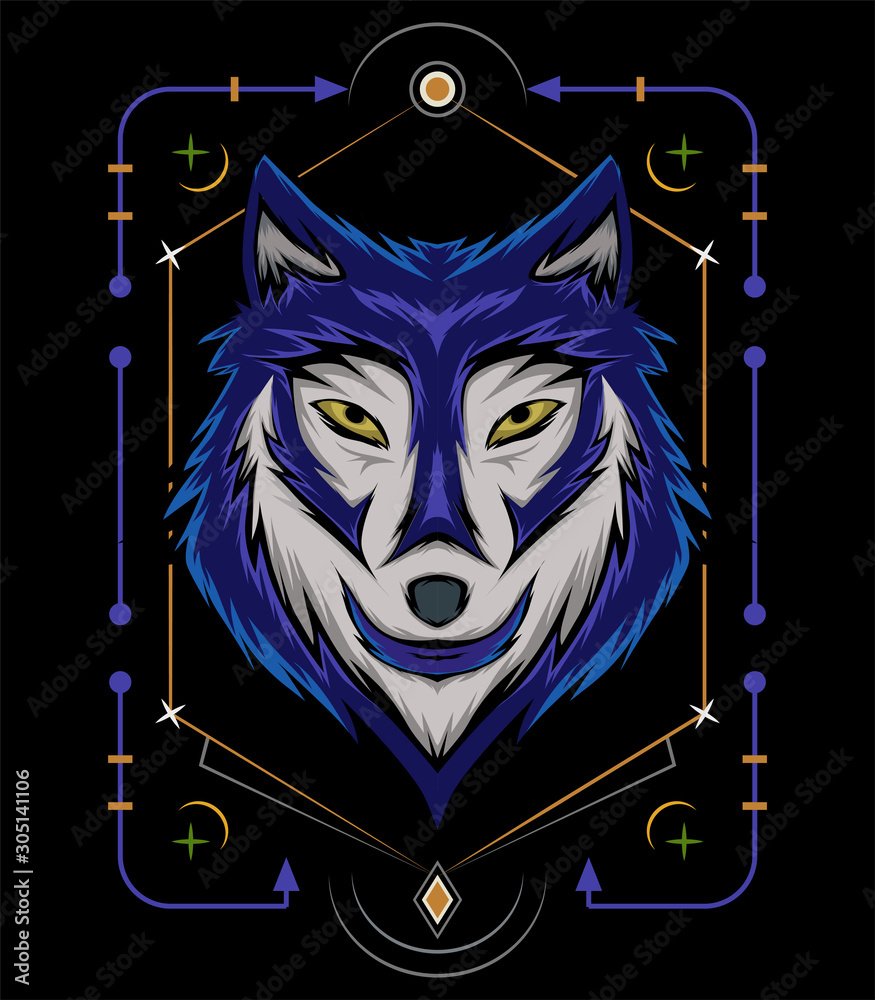 Vintage monochrome angry scary wolf head. Blue wolf vector illustration ...