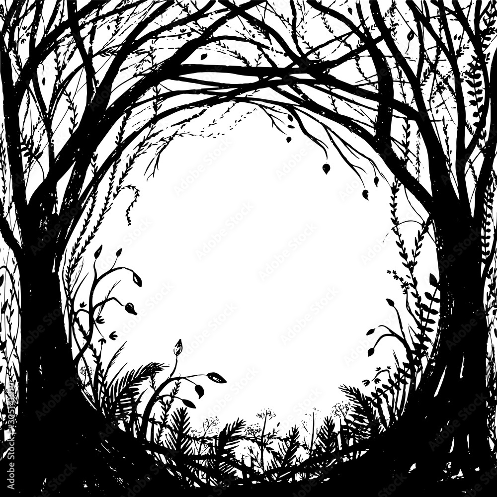Hand drawn enchanted forest. Vector halloween black and white frame ...