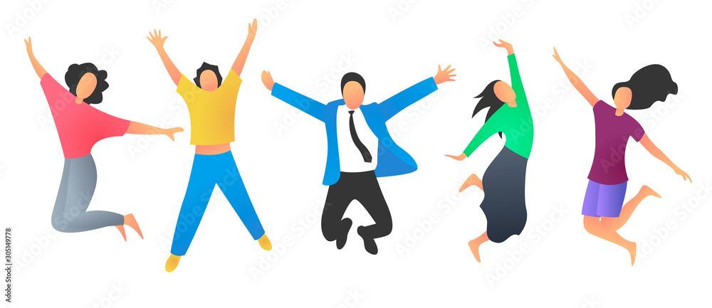 Vector illustration of a group of happy young people jumping and ...