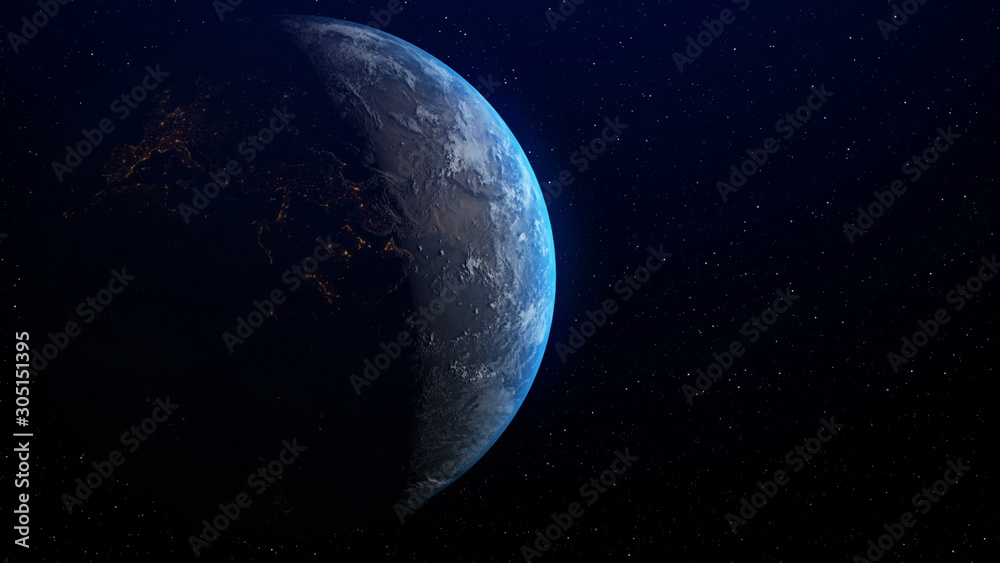 Realistic earth planet with sunrise at the horizon by 3d rendering ...
