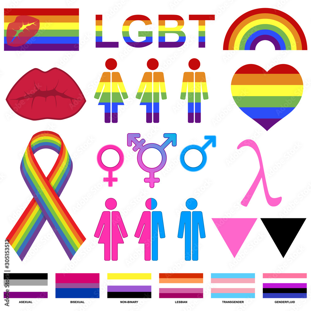 LGBT symbols. Symbols of gender, community flags, rainbow, ribbon ...