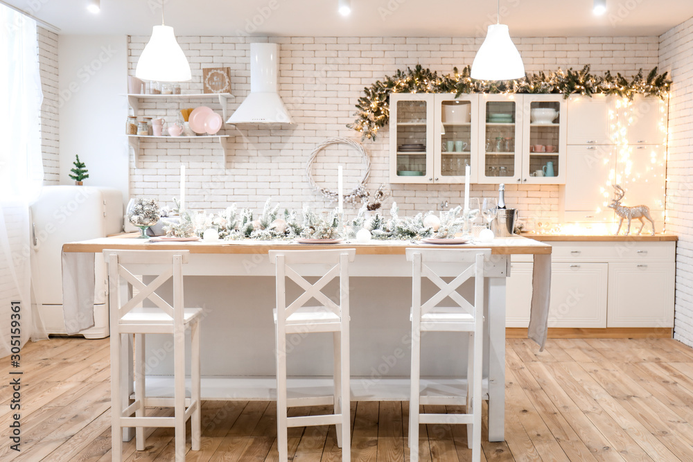 Interior of kitchen decorated for Christmas celebration Stock Photo ...