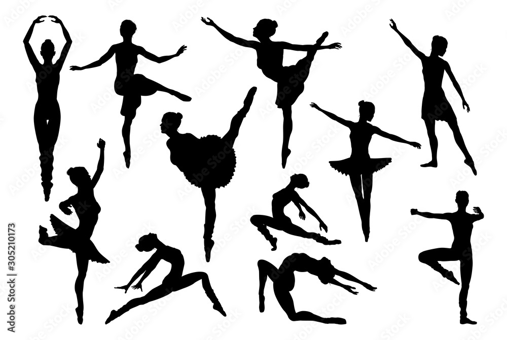 Silhouette ballet dancer woman dancing in various poses and positions ...
