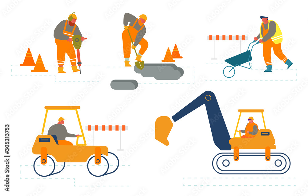 Set of Workers on Road Repair Construction. Roller Machine, Excavator ...
