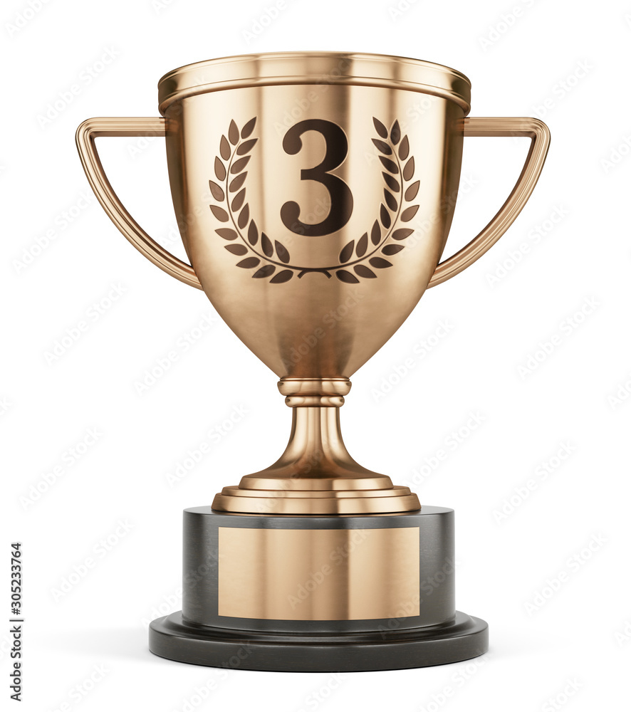 Third place award concept - Bronze trophy cup isolated on white ...