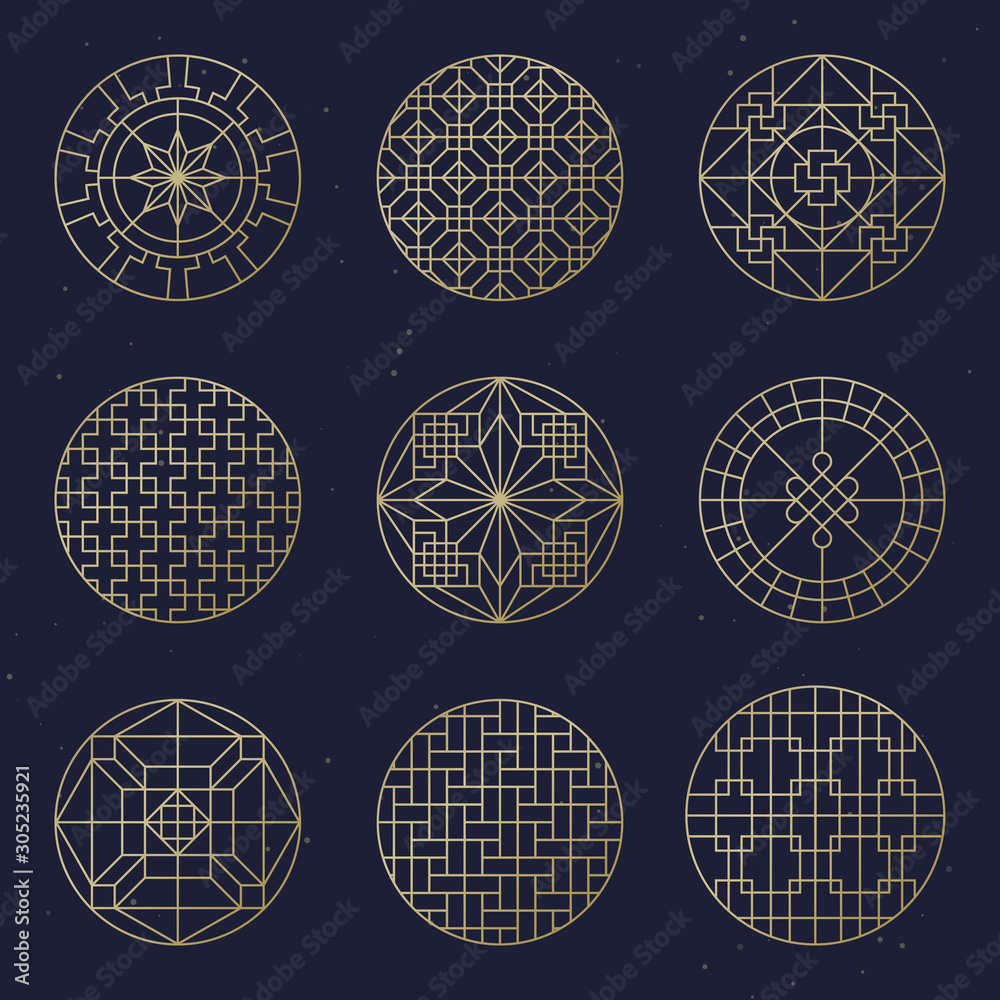 Asian circle frame set in vintage style. Traditional chinese ornaments ...