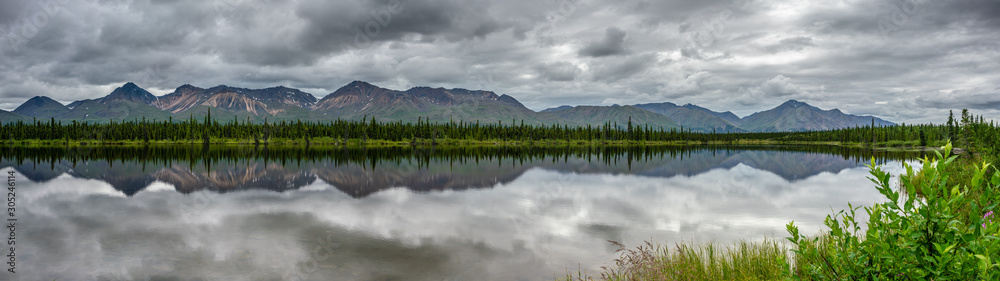 Alaska pine tree forest reflection on a lake 32:9 ultrawide Stock Photo ...