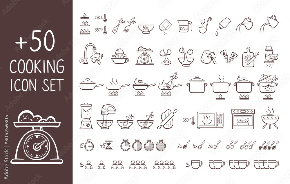 Set of hand drawn cooking icons, perfect for giving cooking ...