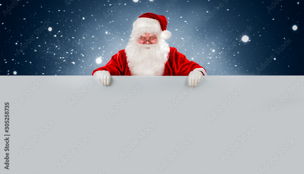 Happy Santa Claus holding Christmas blank advertisement banner ...